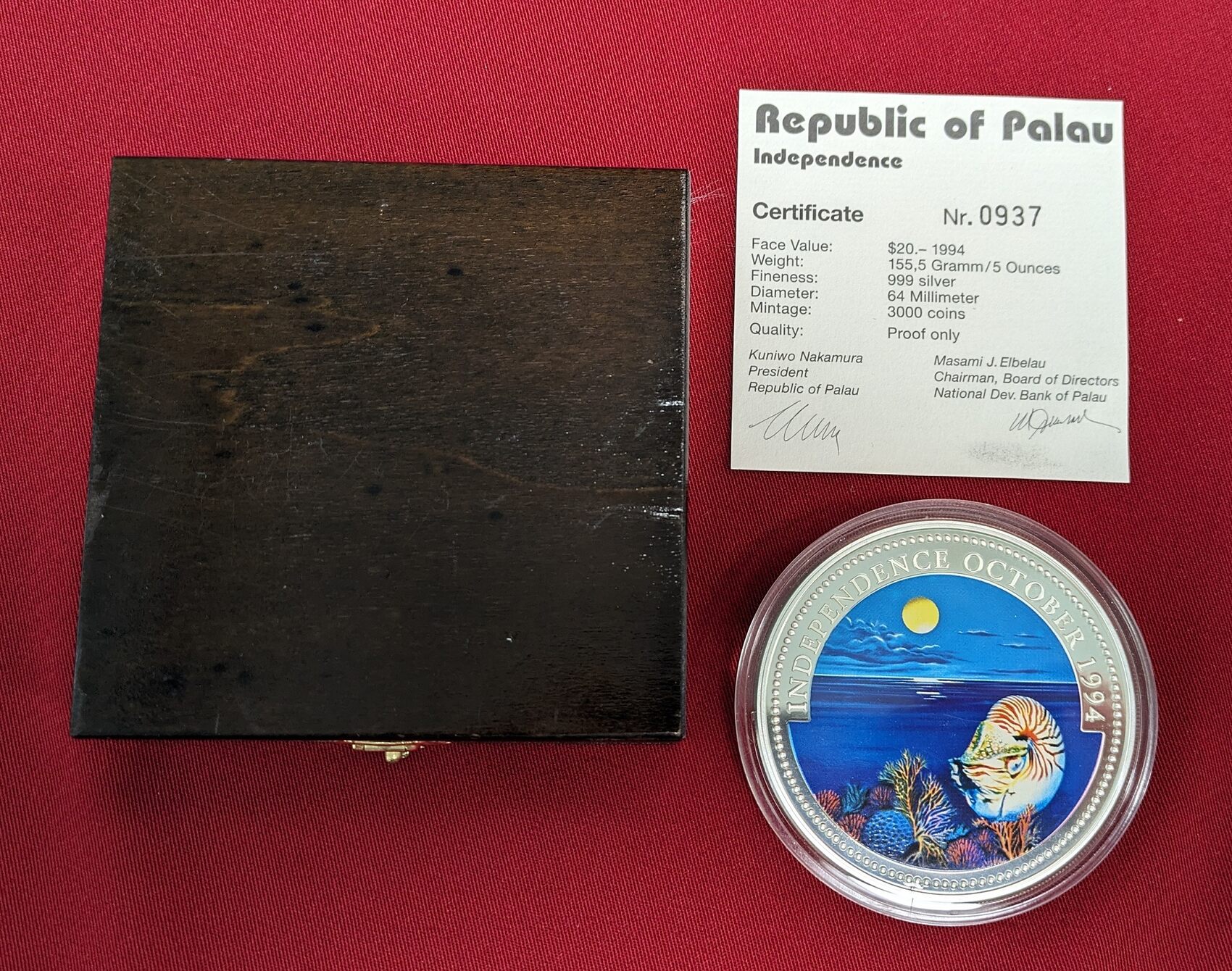 Palau 20 Dollar Silbermünze - 5 oz Silver Proof Coin 1994 Independence October Nautilus Marine ...