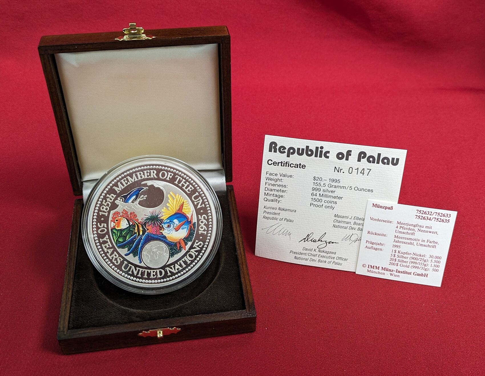 Palau 20 Dollar Silbermünze - 5 oz Silver Proof Coin 1995 Marine Life Protection - 50 Years ...