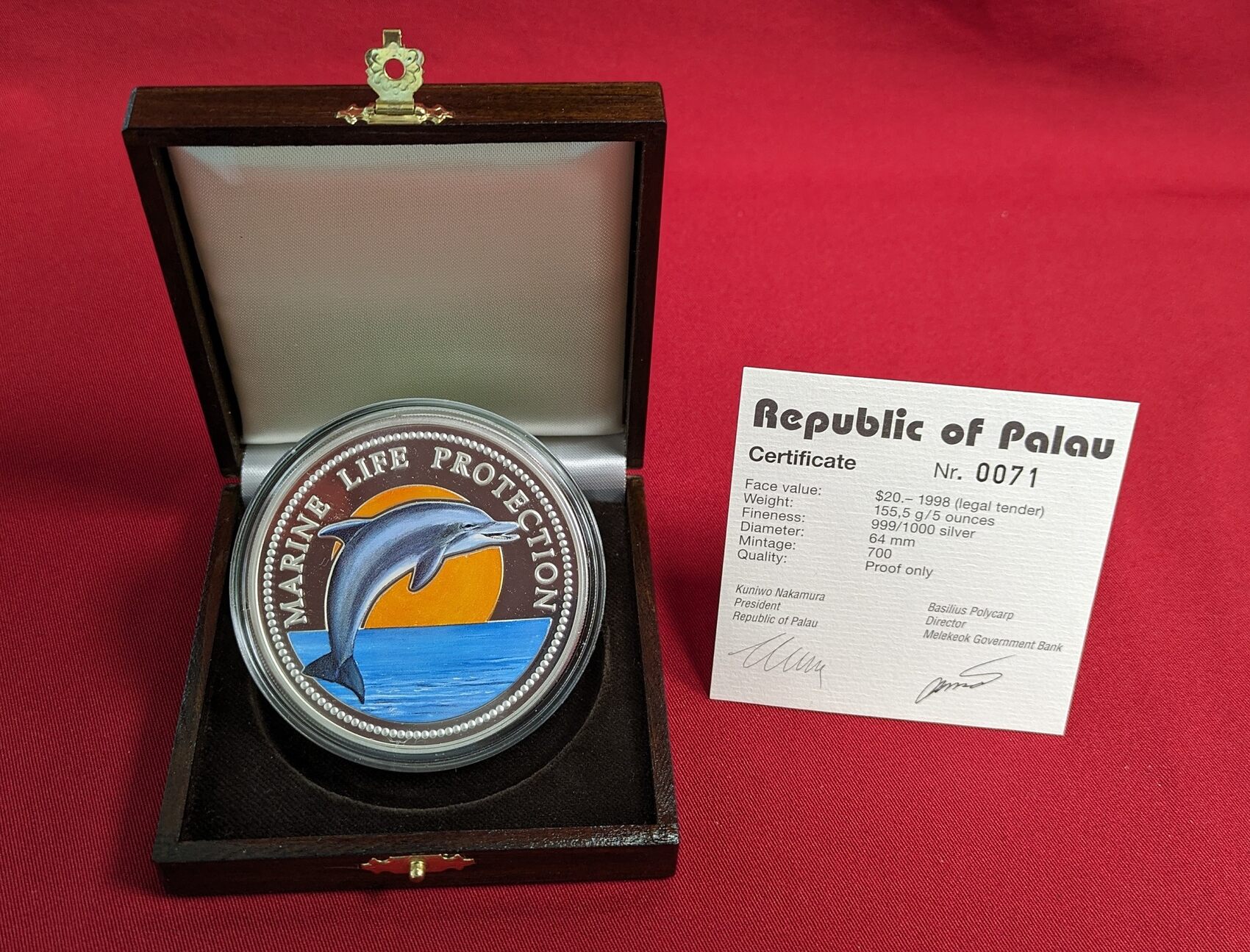 Palau 20 Dollar Silbermünze - 5 oz Silver Proof Coin 1998 Marine Life Protection - Delfin ...