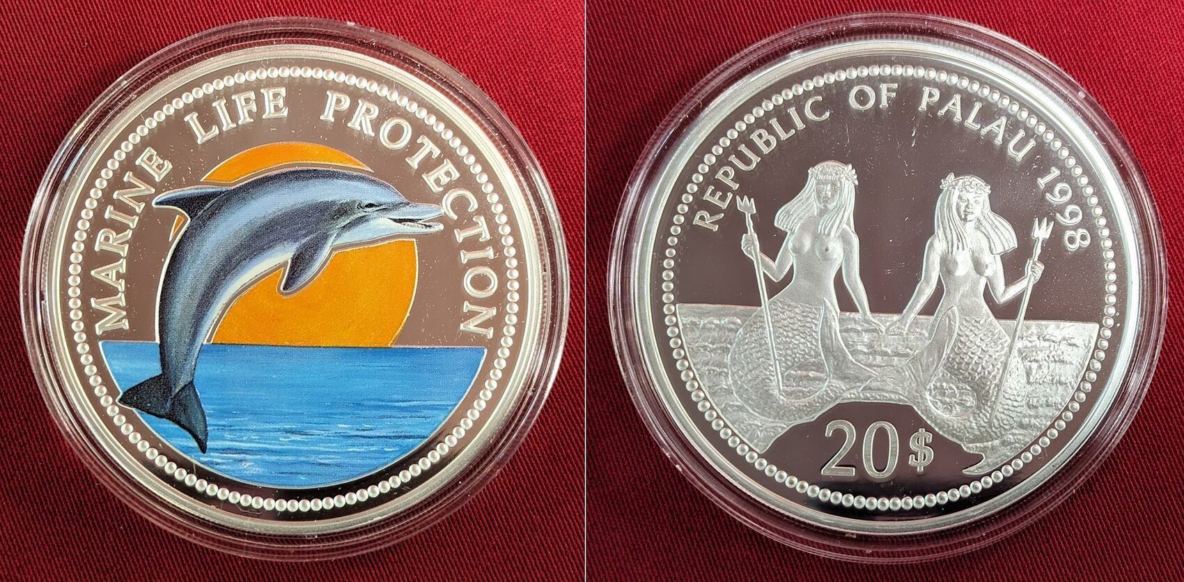Palau 20 Dollar Silbermünze - 5 oz Silver Proof Coin 1998 Marine Life Protection - Delfin ...