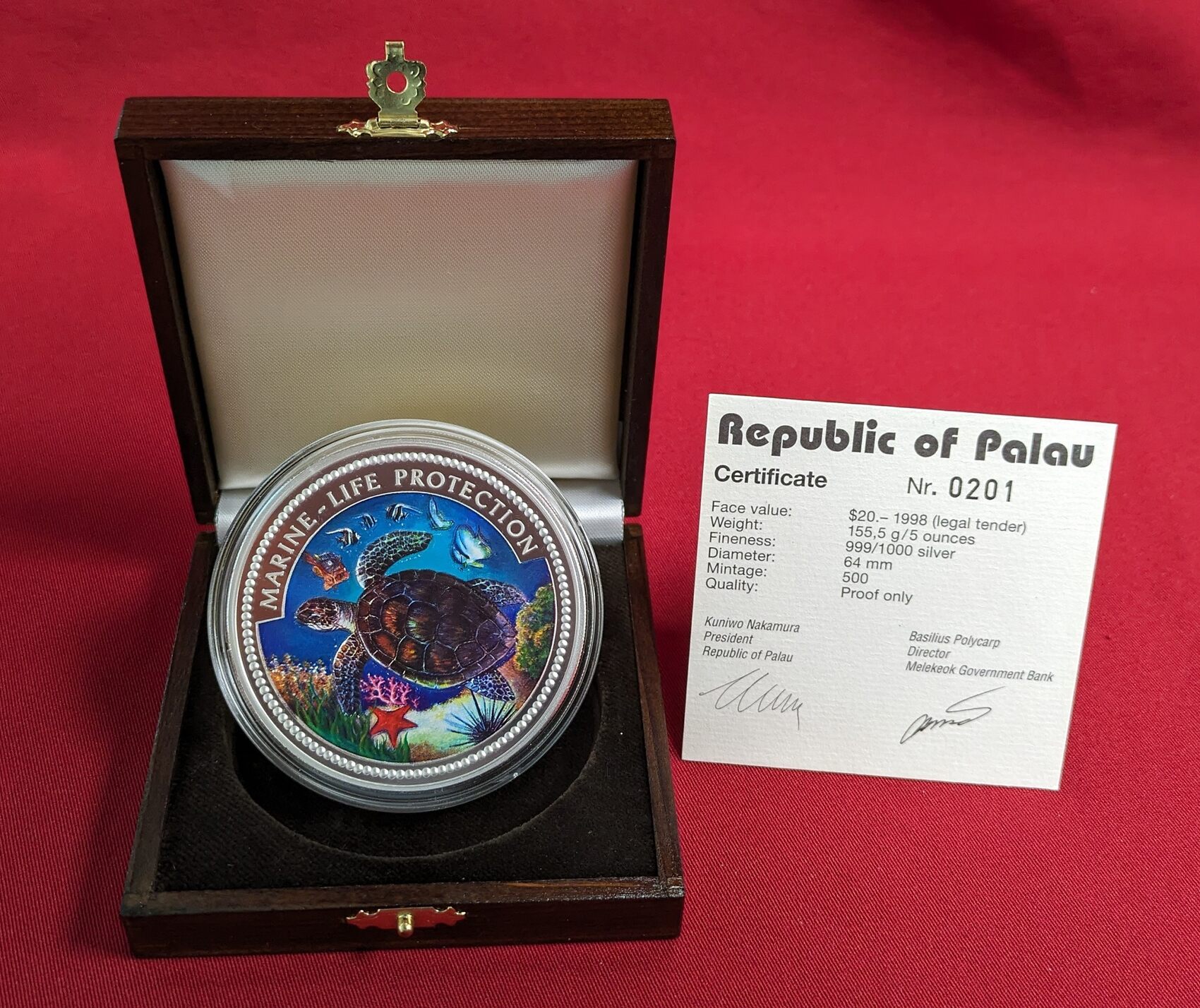 Palau 20 Dollar Silbermünze - 5 oz Silver Proof Coin 1998 Marine Life Protection - Meeres ...