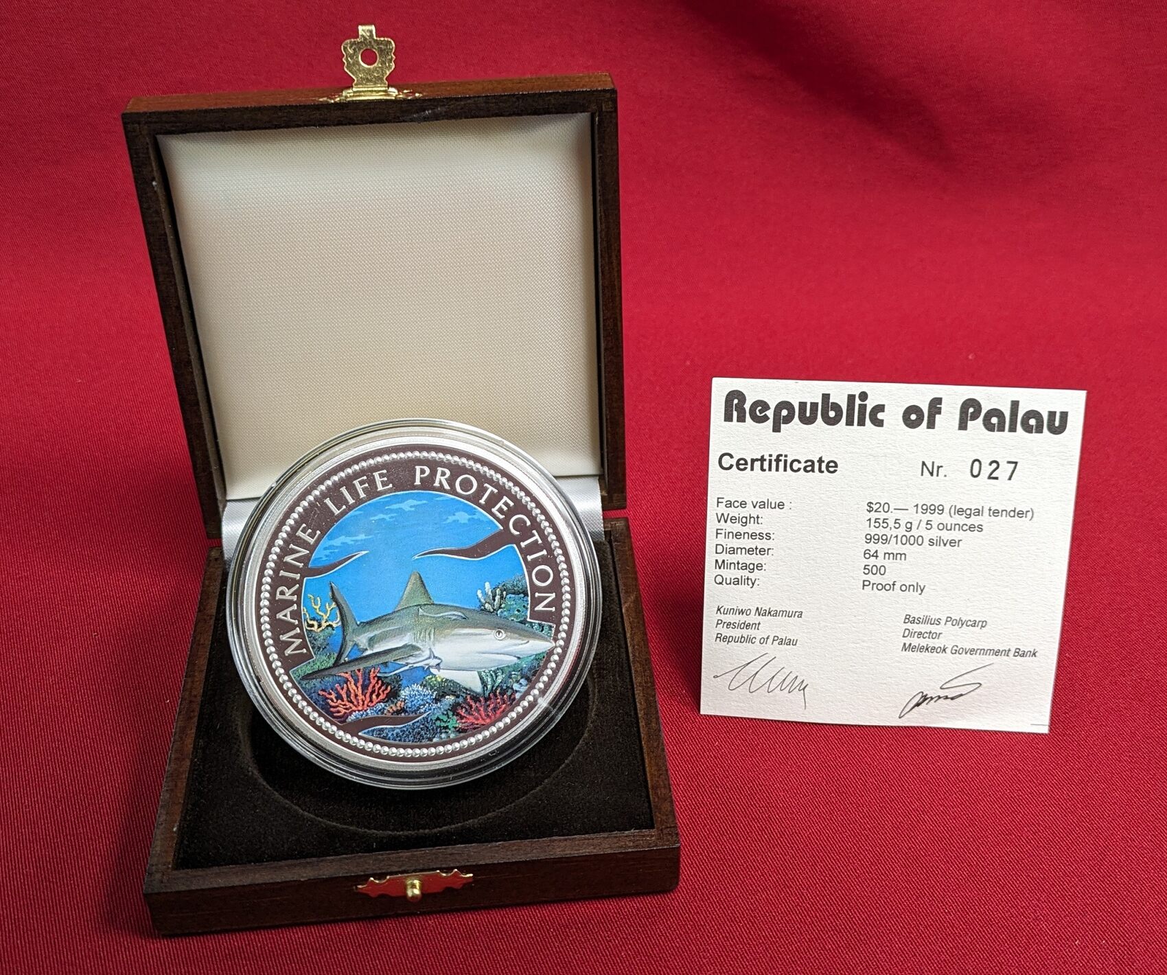 Palau 20 Dollar Silbermünze - 5 oz Silver Proof Coin 1999 Marine Life Protection - Shark - Hai ...