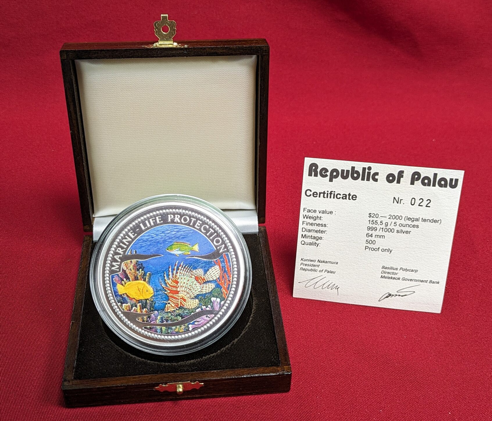 Palau 20 Dollar Silbermünze - 5 oz Silver Proof Coin 2000 Marine Life Protection - Feuerfisch ...