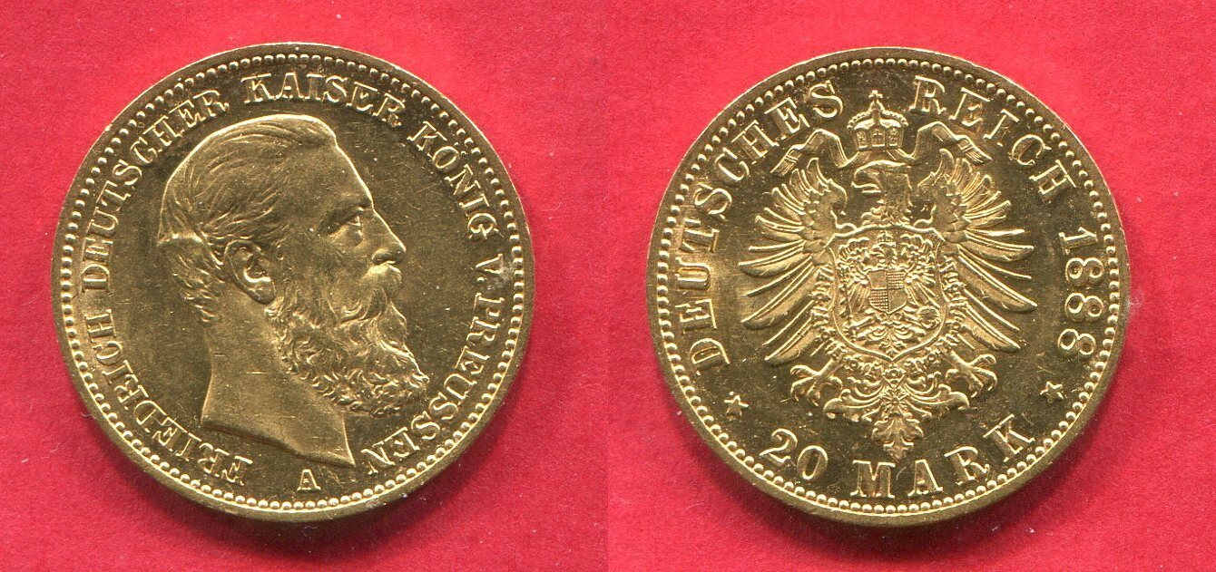 Preußen, Purssia German Empire 20 Mark Goldmünze 1888 Kaiser Friedrich ...