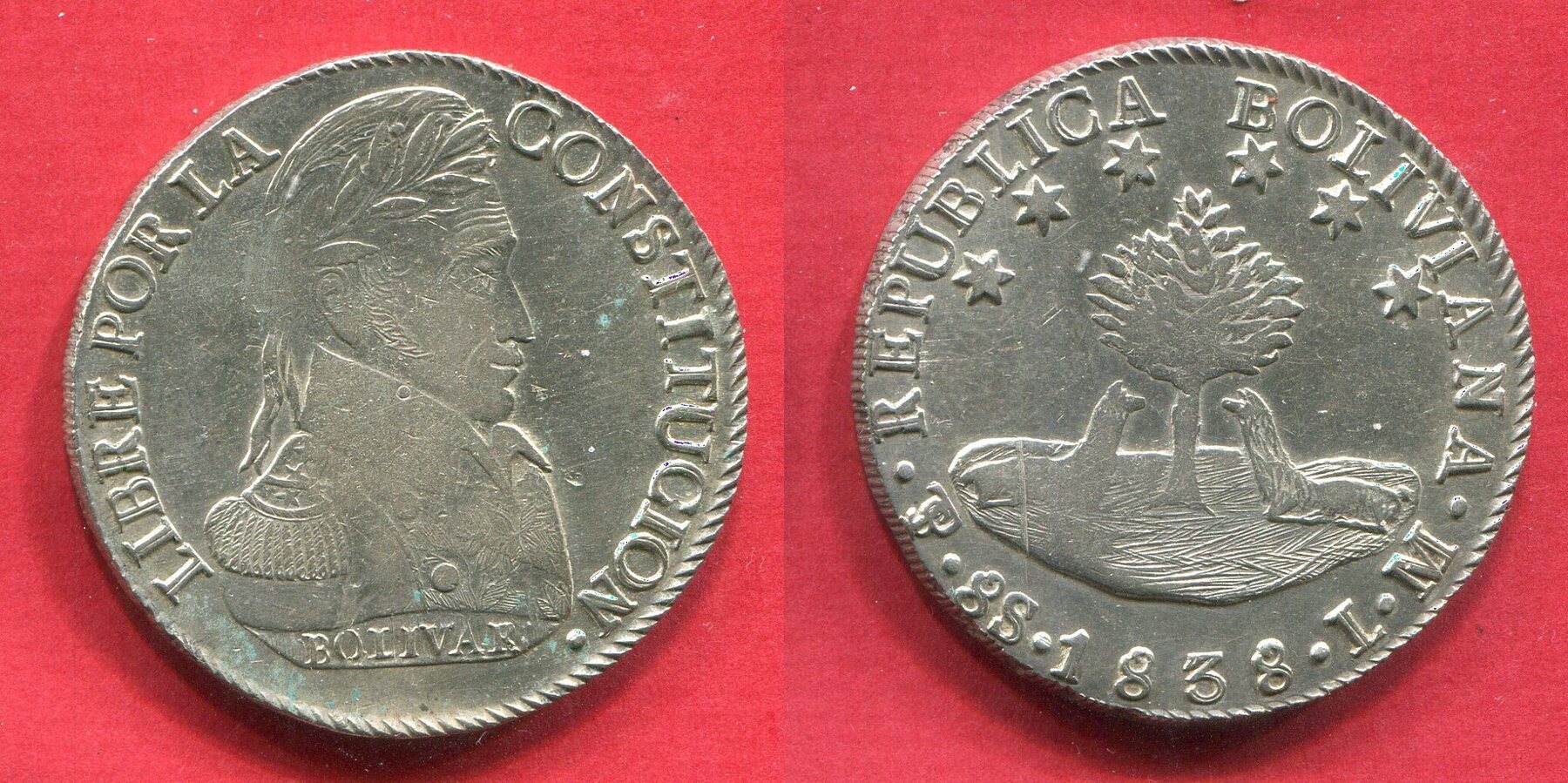 Bolivia Bolivien 8 Soles 1838 PTS LM Simon Bolivar f. vz prägeschwäche.gereinigt | MA-Shops