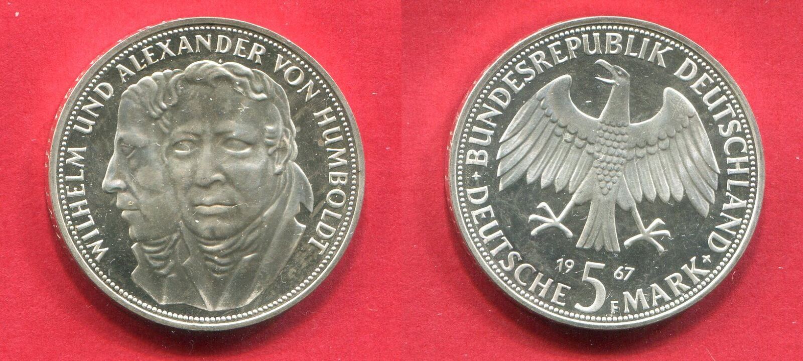 Bundesrepublik Deutschland, Germany FRG 5 DM Gedenkmünze Silber 1967 Gebrüder Humboldt ...