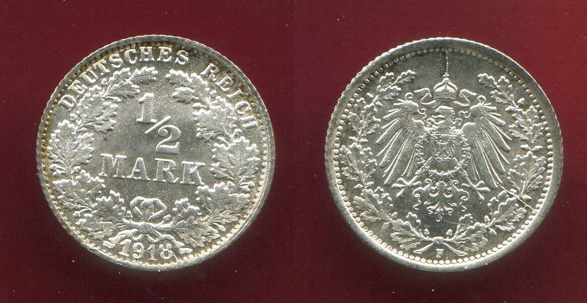 Deutschland Germany Kaiserreich 1/2 Mark 1918 F Variante Offene 8 f. stgl. | MA-Shops