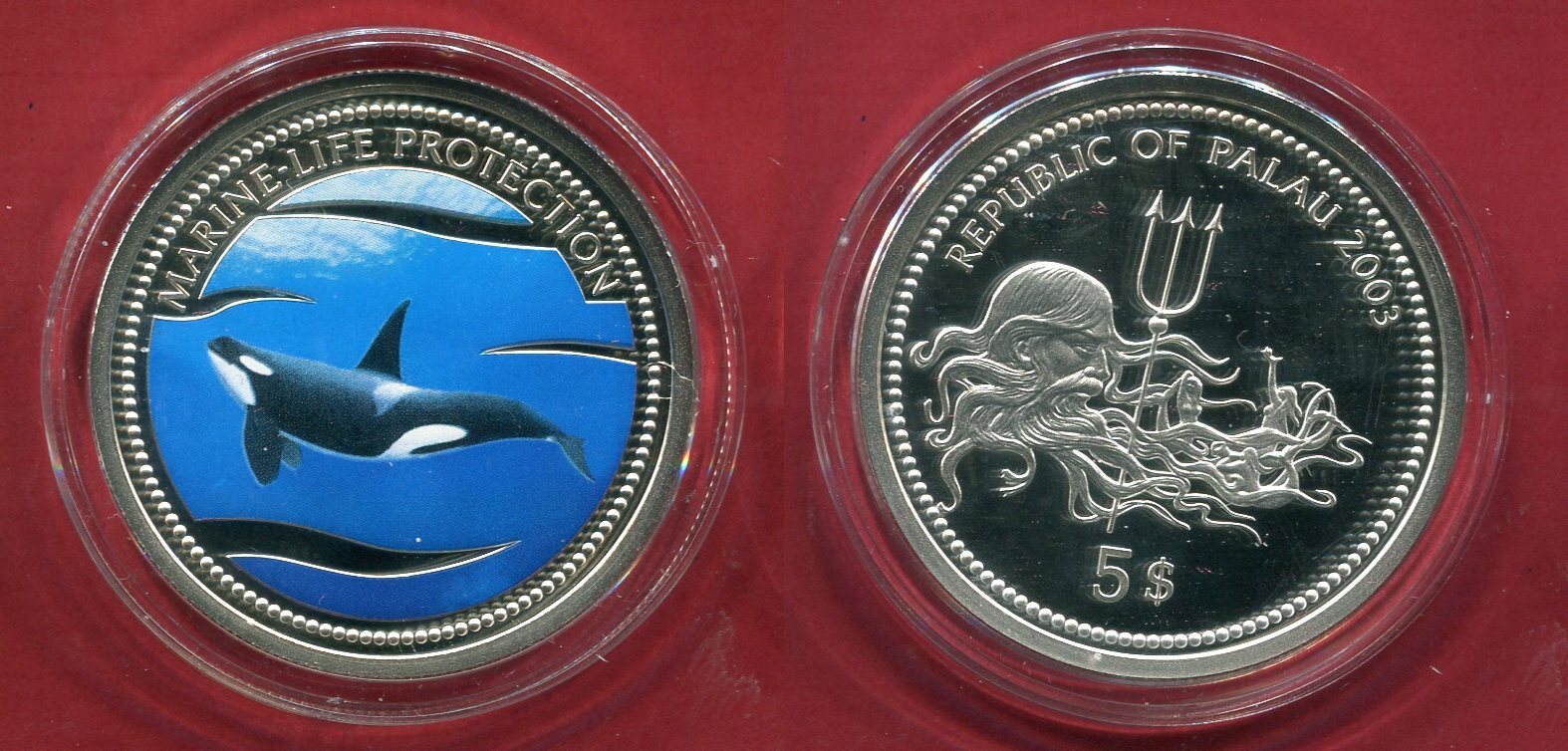 Palau 5 Dollars Silbermünze mit Farbauflage 2003 Schutz der Meeresfauna ...