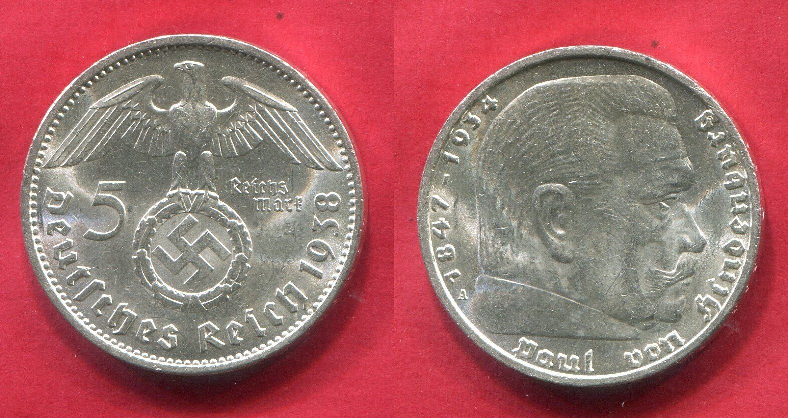 Germany Deutschland 1933-1945 5 Mark Reichsmark 1938 A Hindenburg mit Hoheitszeichen Swastika ...