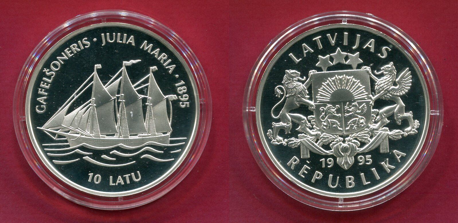 Lettland Latvija 10 Latu Silbermünze 1995 Segelschiff Julia Marie 1895 ...