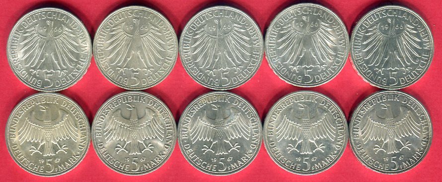 BRD Bundesrepublik Deutschland, FRG, Germany 10 x 5 DM 1966 & 1967 Leibniz & Gebrüder Humboldt ...