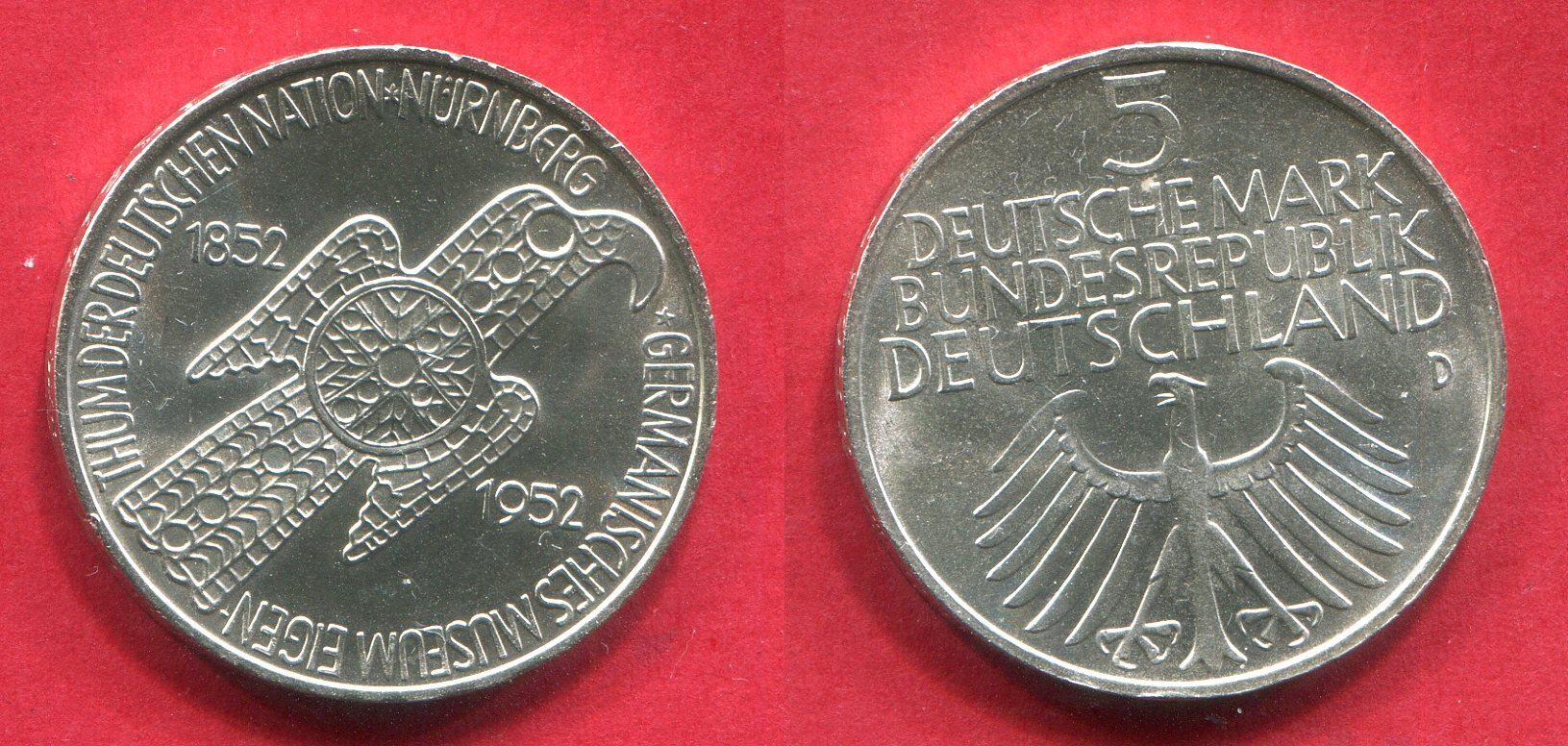 Bundesrepublik Deutschland, Germany FRG 5 DM Gedenkmünze Silber 1952 -D- Germanisches Museum in ...