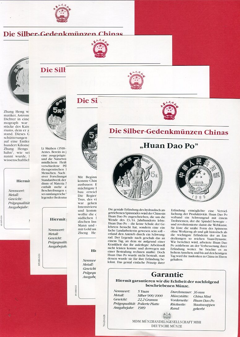 4 x 5 Yuan Silber Lot 1986/89/90 5 Yuan Lot - Herausragende ...