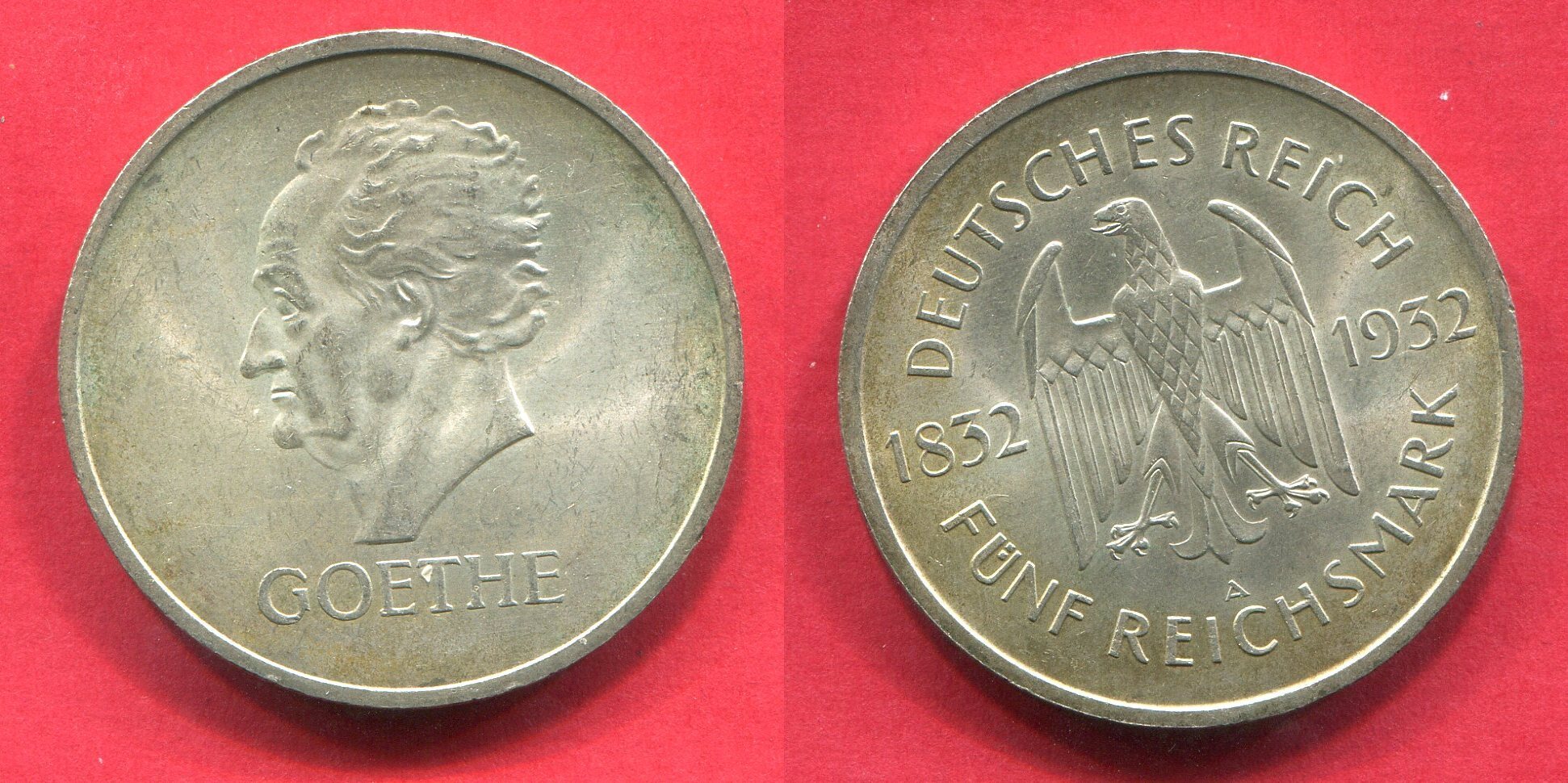 Weimarer Republik Germany 5 Mark 1932 A Johann Wolfgang von Goethe 100 ...