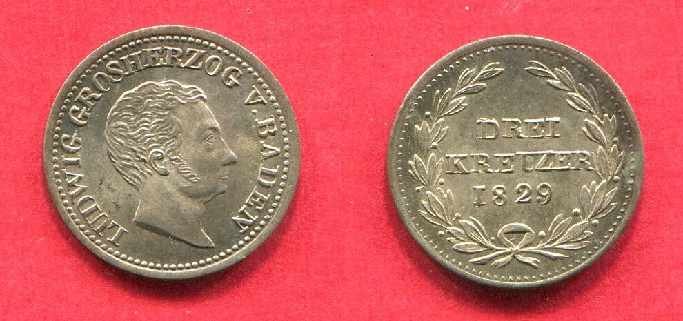 Baden Durlach 3 Kreuzer Silber 1829 Louis I (Ludwig I) (1818-1830) Prägefrisch feine Tönung | MA ...