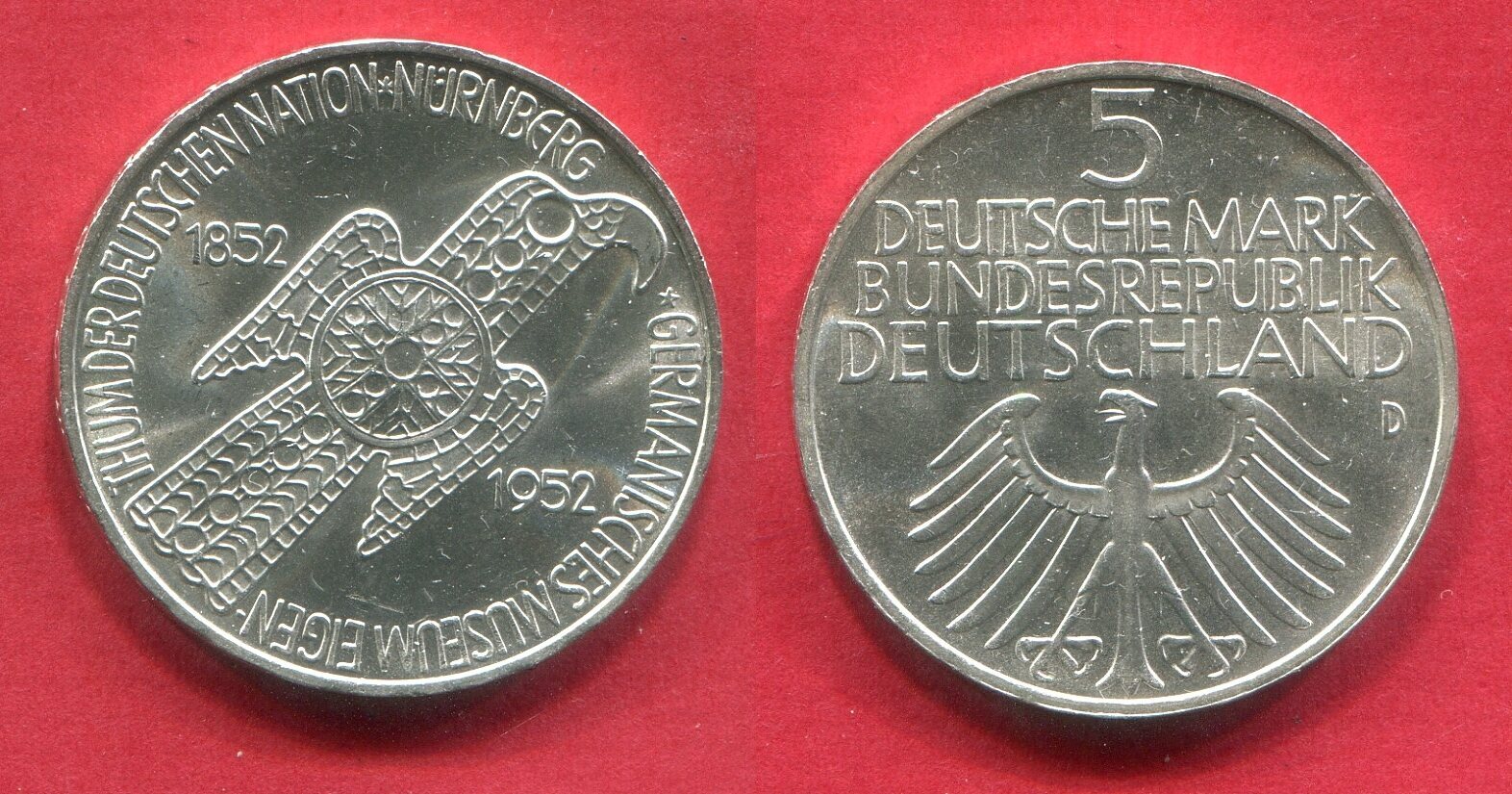 Bundesrepublik Deutschland, Germany FRG 5 DM Gedenkmünze Silber 1952 -D- Germanisches Museum in ...