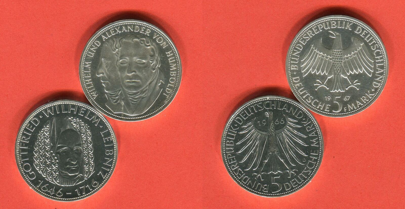 Bundesrepublik Deutschland, Germany FRG 2 x 5 DM Gedenkmünze Silber 1966 1967 Leibniz und ...