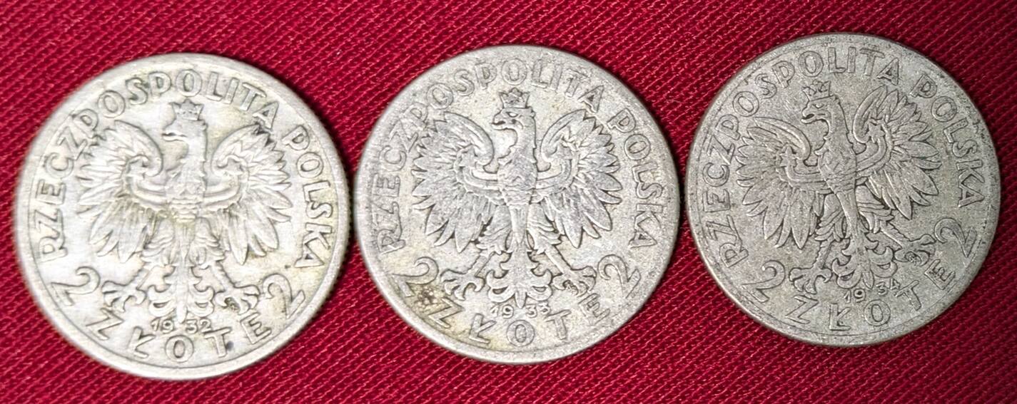 Polen 3 x 2 Zloty Silber 1932, 1933, 1934 Jadwiga Frauenkopf Lot im Durchschnitt ss, nicht ...