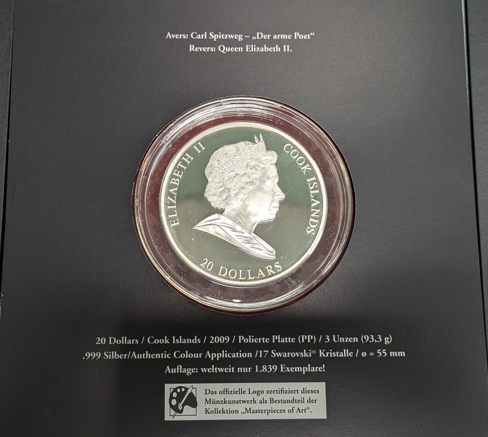Cook Islands 20 Dollar Silbermünze teilcoloriert 3 oZ 2009 Masterpieces of Art - Carl Spitzweg ...