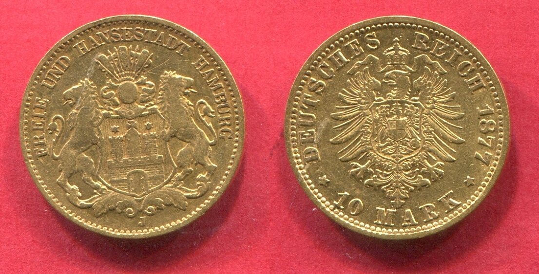 Hamburg 10 Mark 1877 J Stadtwappen gutes ss | MA-Shops