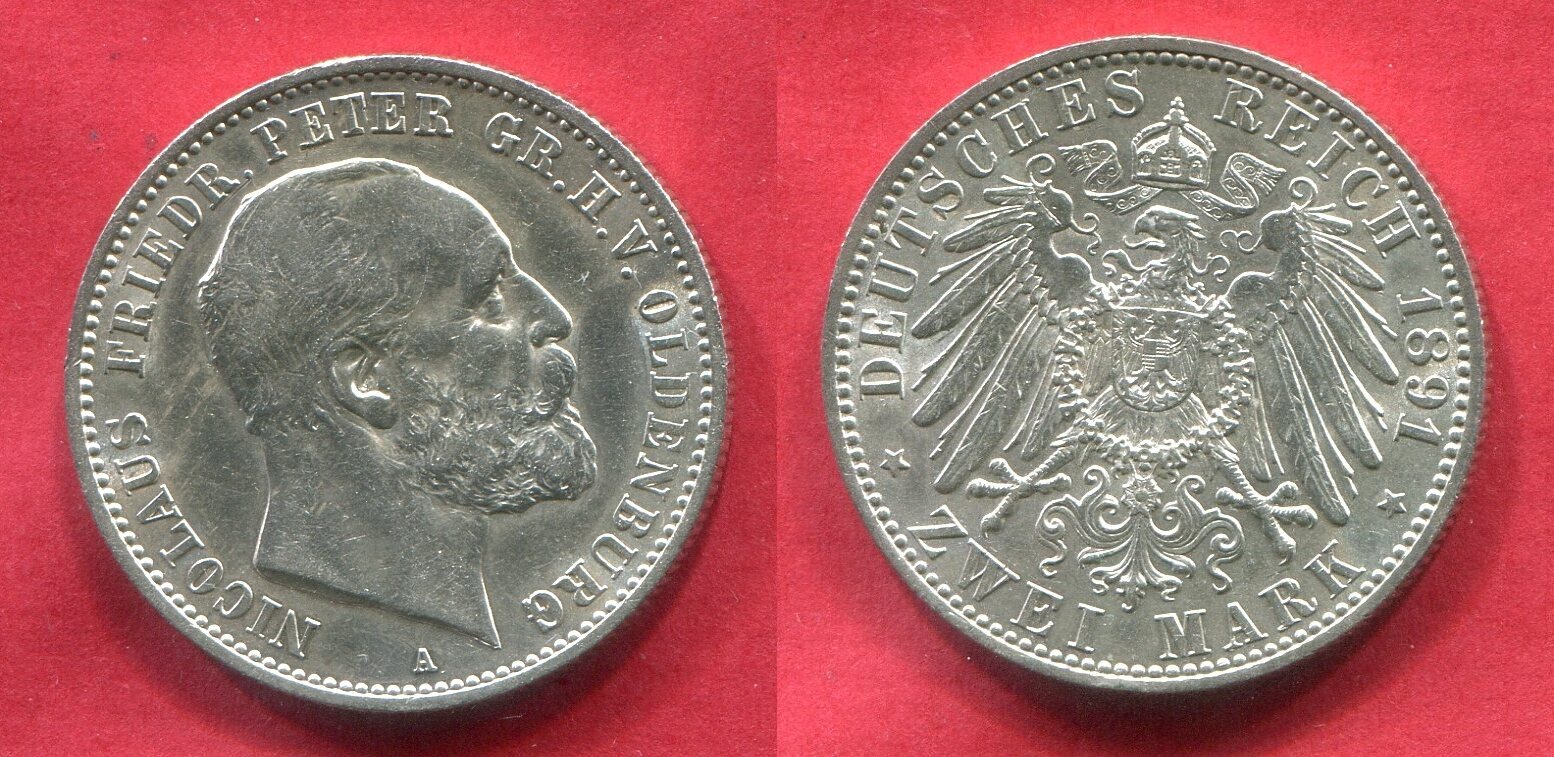 Oldenburg 2 Mark Silbermünze Kaiserreich 1891 Nicolaus Friedrich Peter, Kursmünze vz min ...