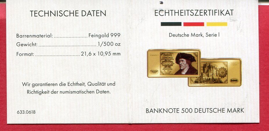 Deutschland 500 D-Mark Minigoldbanknote (1/500 oz, m. Farbapplikation ...
