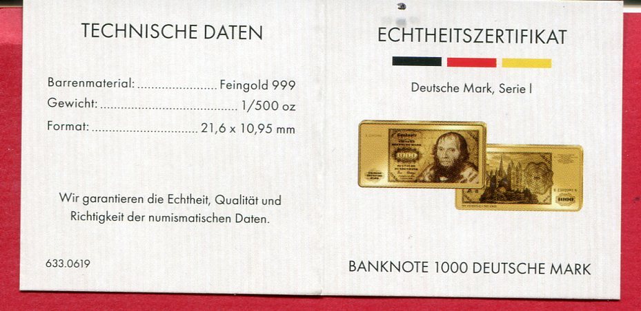 Deutschland 1000 D-Mark Minigoldbanknote (1/500 oz, m. Farbapplikation ...