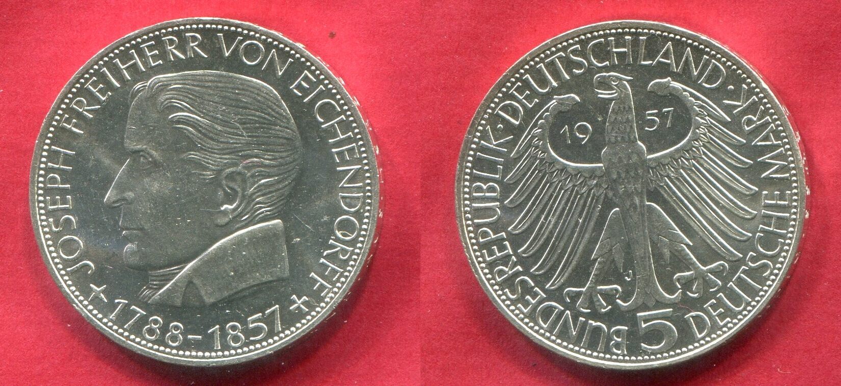 Bundesrepublik Deutschland 5 DM Gedenkmünze Commemorative Coin 1957 100. Todestag von Joseph ...