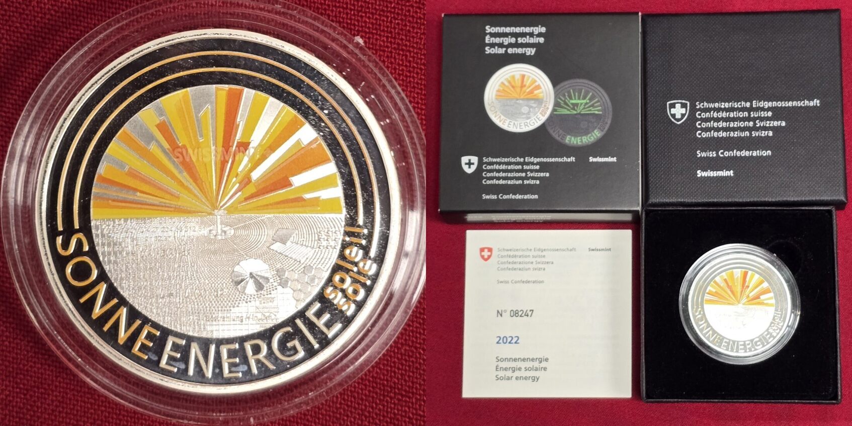 Schweiz Switzerland 20 Franken 2022 Sonnenenergie Solar Energy Farbmünze Polierte Platte mit Box ...
