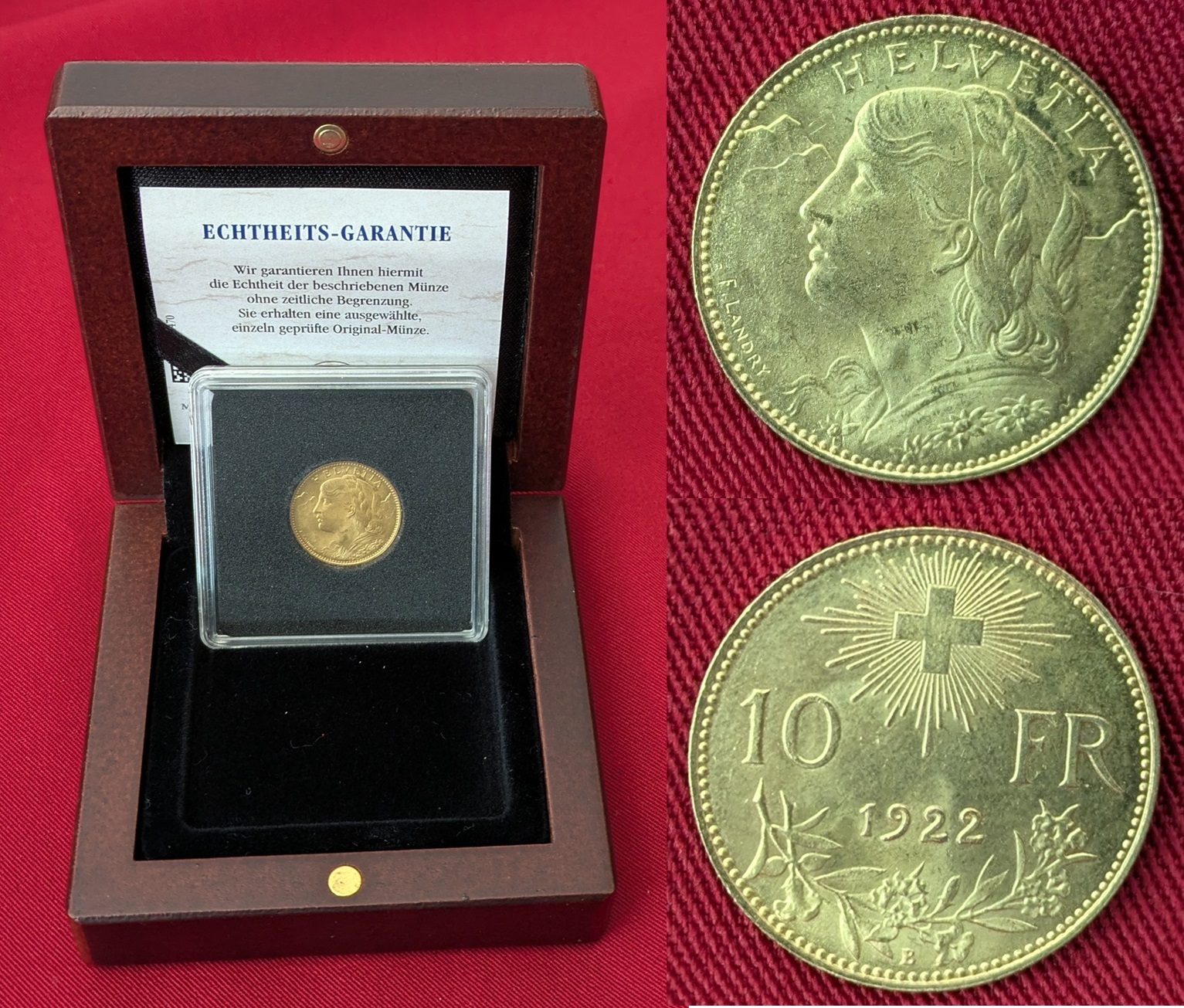 Schweiz Goldmünze 1922 Die letzte 10 Franken Gold Vreneli vz mit hübschem Etui & MDM Zertifikat ...