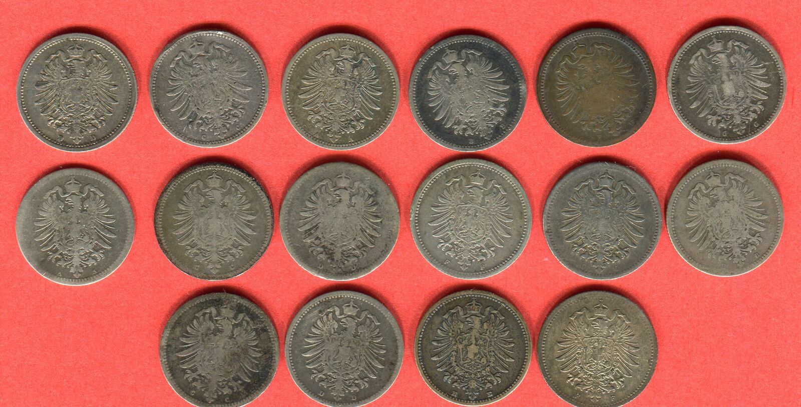 Deutsches Kaiserreich 16 x 20 Pfennig Silber 1874 - 1876 Kursmünzen Lot ...