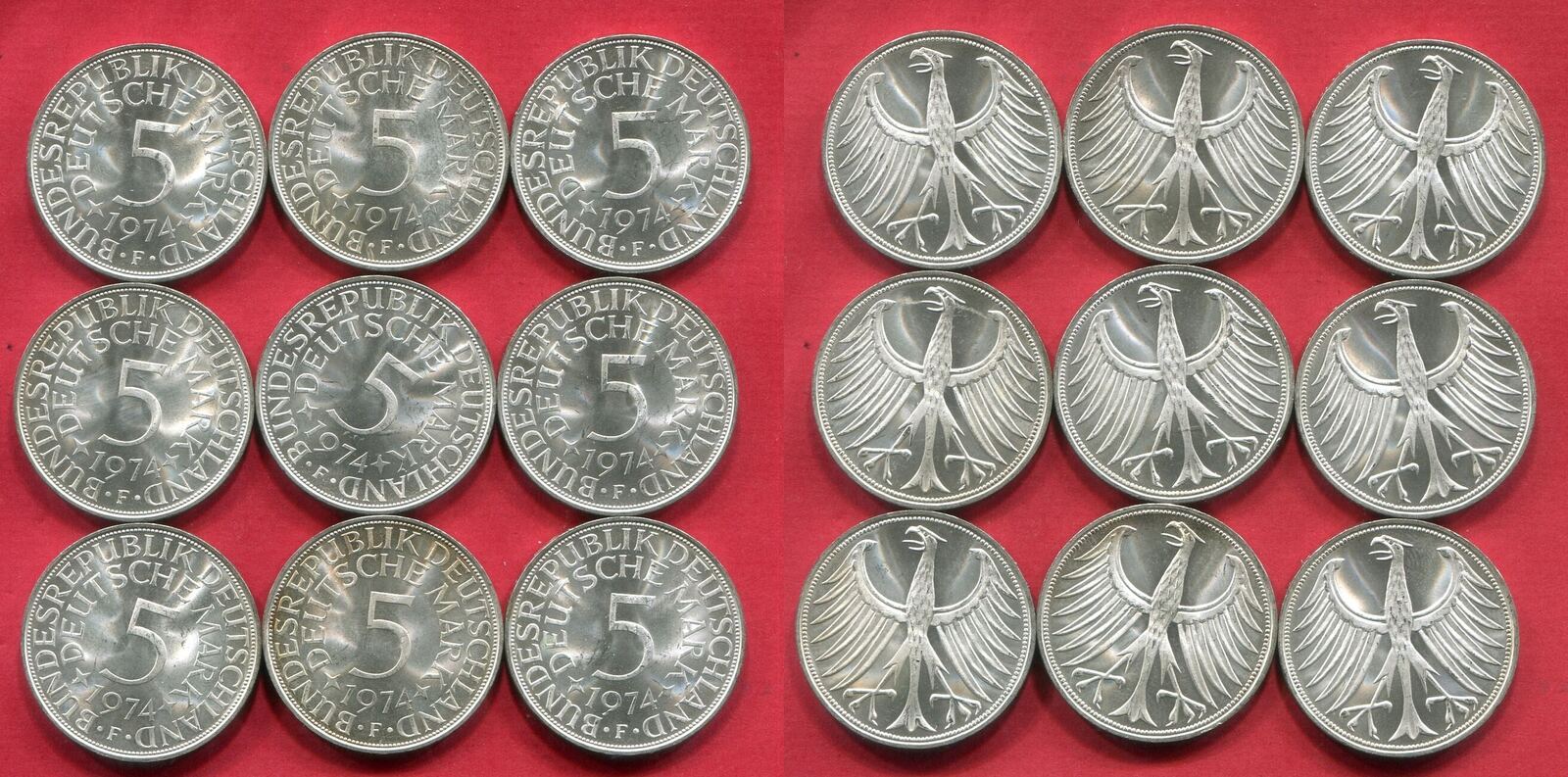 BRD Bundesrepublik Deutschland, FRG, Germany 5 Mark Kursmünzen Silber 1974 F Silberadler Lot 9 ...