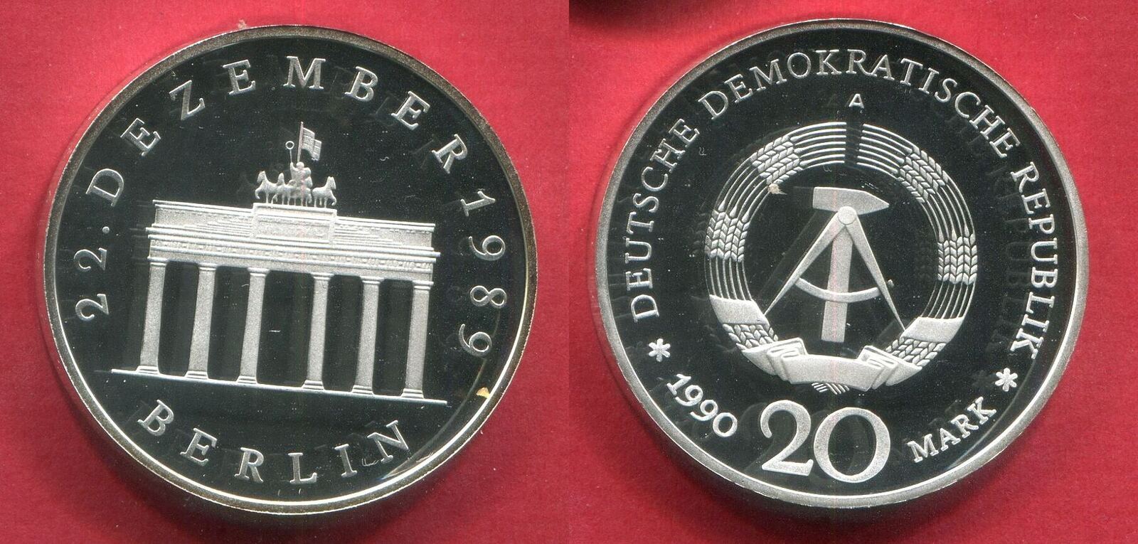 Eastern Germany DDR GDR 20 Mark 1990 Öffnung Brandenburger Tor am 22. Dezember 1989 Silber Proof ...