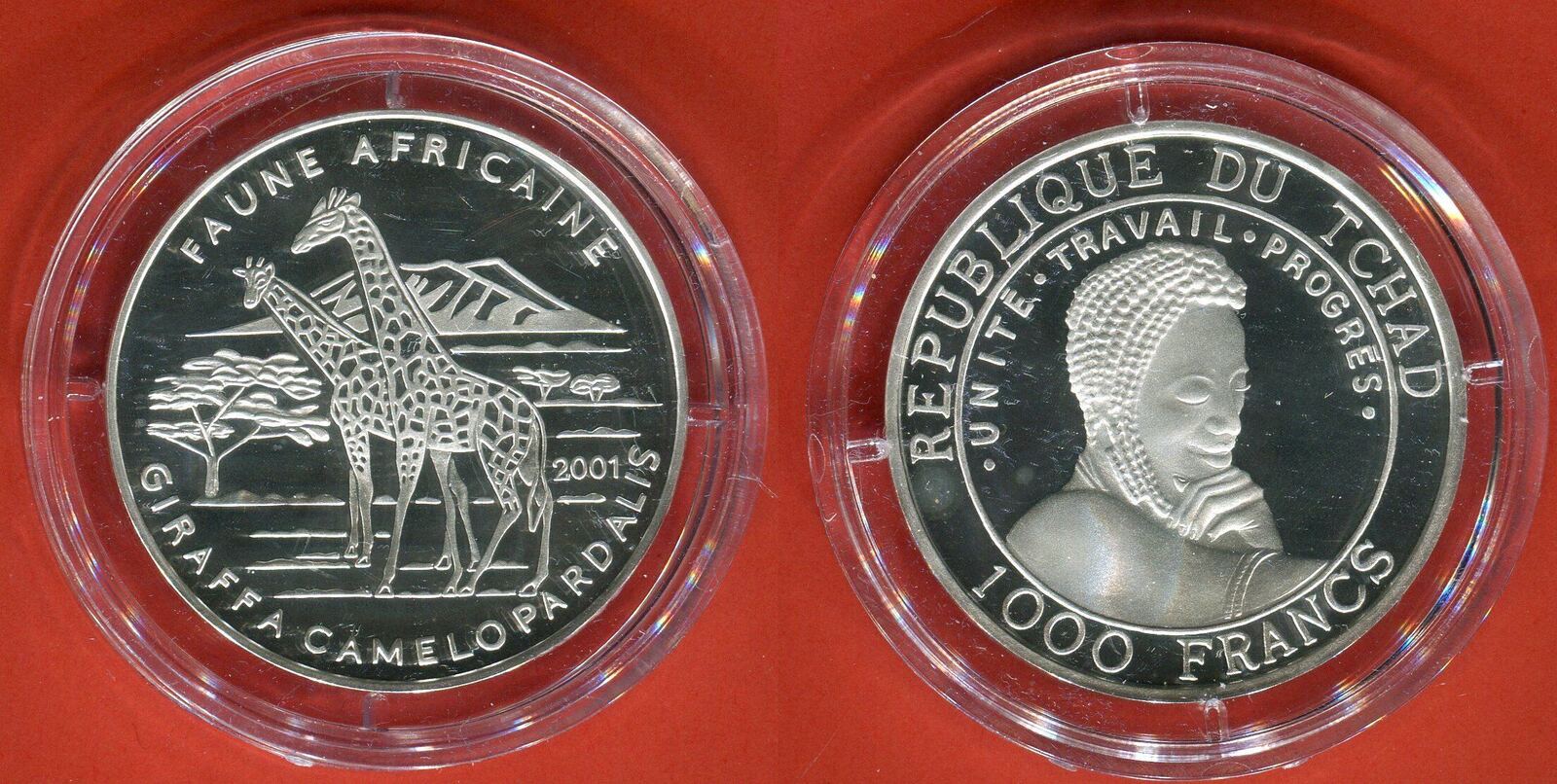 Tschad 1000 Francs Silber 2001 Gefährdete Tierwelt - Giraffe PP in ...