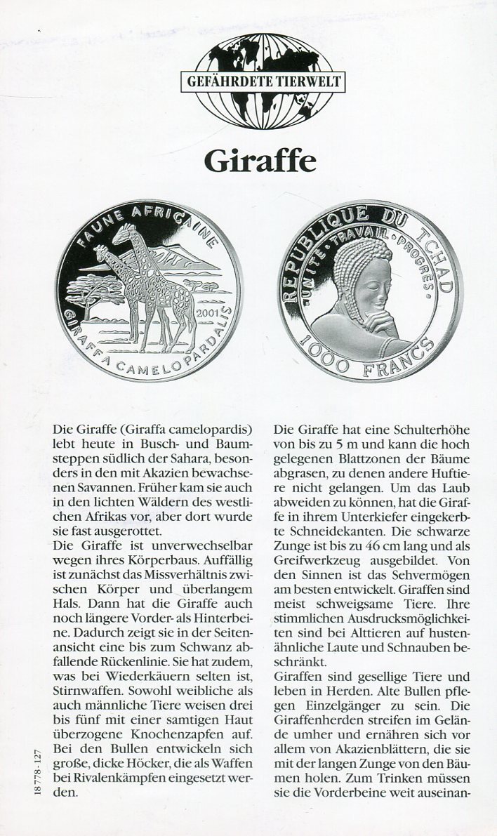 Tschad 1000 Francs Silber 2001 Gefährdete Tierwelt - Giraffe PP in ...