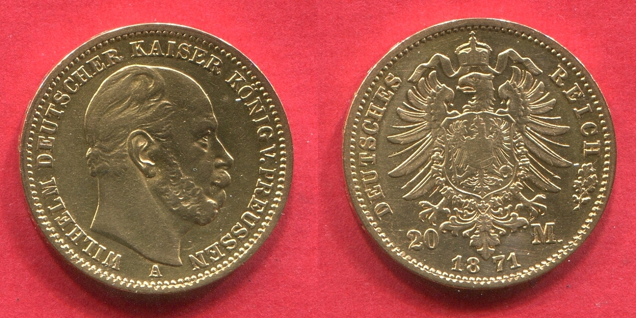 Preußen 20 Mark Gold 1871 A Wilhelm I. Key Date first Year vz min ...