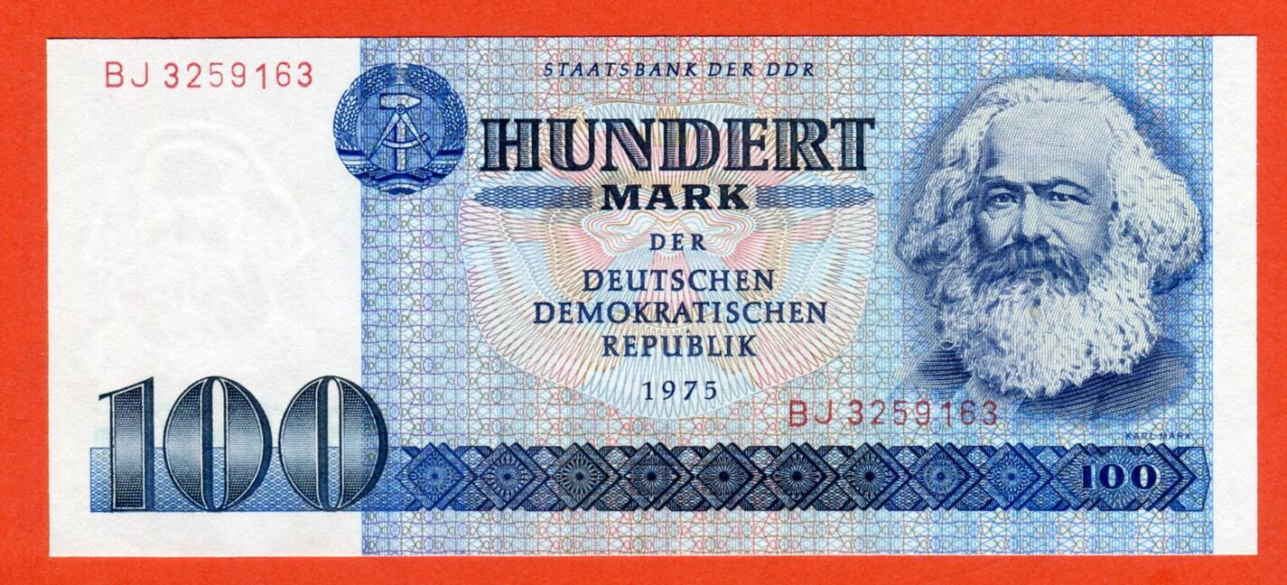 DDR 100 Mark Banknote 1975 Karl Marx - Palast Kassenfrisch I | MA-Shops