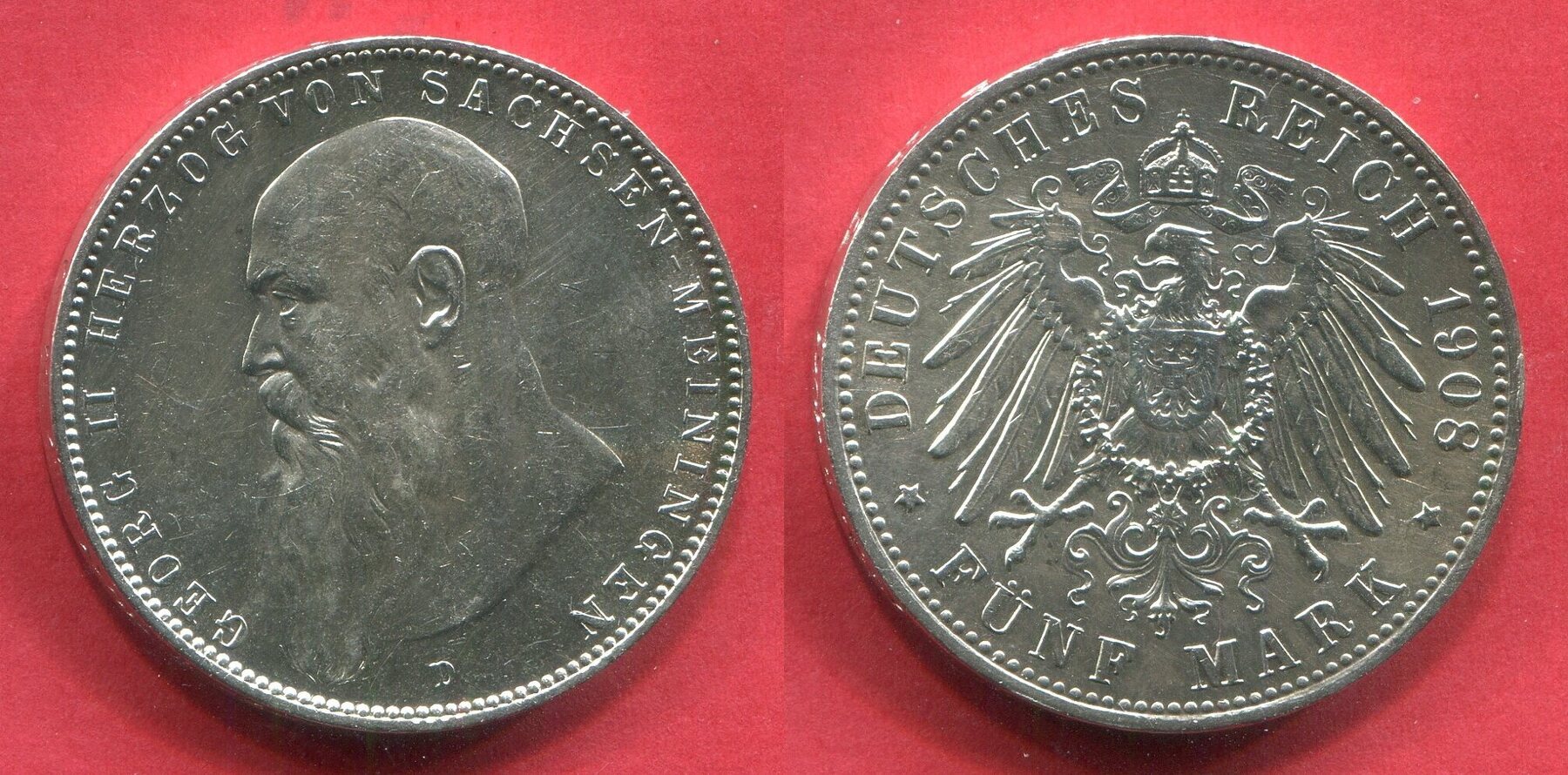 Sachsen Meiningen 5 Mark Silbermünze 1908 Georg II. Bart nicht bis ...