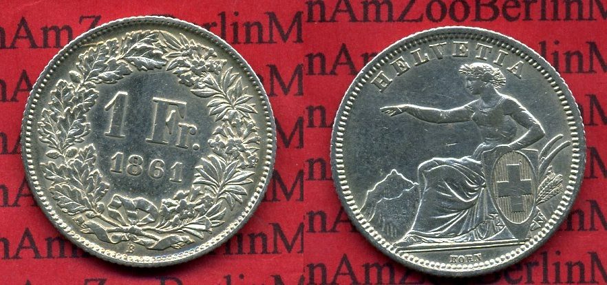 Schweiz, Switzerland 1 Franken Silber Kursmünze Schweiz 1 Franken 1861 B Silber, Sitzende ...