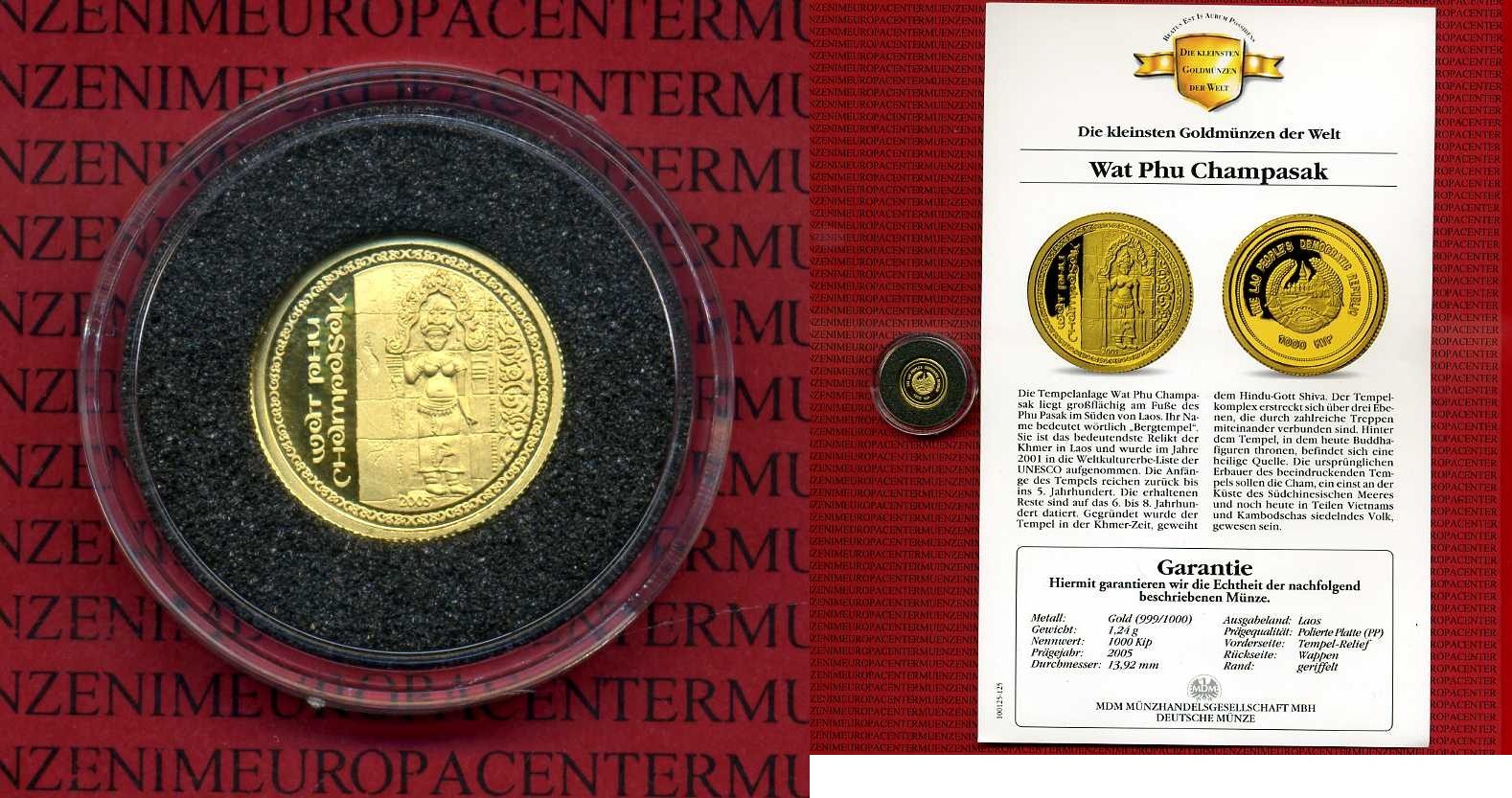 1000 Kip 1/25 Unze Gold Laos 1000 Kip 2005 Tempel Wat Phu Champasak 1/ ...