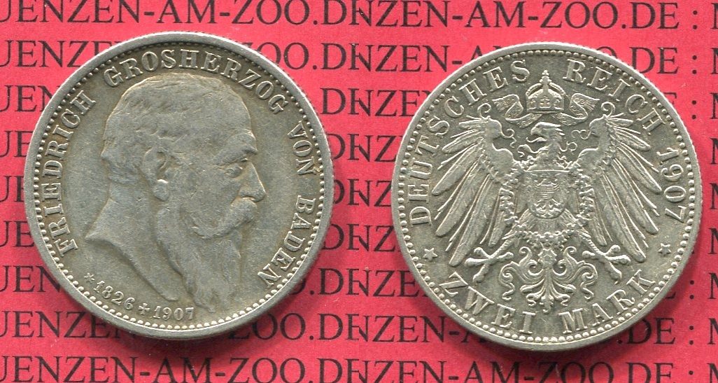 2 Mark Silber Baden 2 Mark 1907, Auf den Tod von Grossherzog Friedrich, J.36 ss-vz | MA-Shops