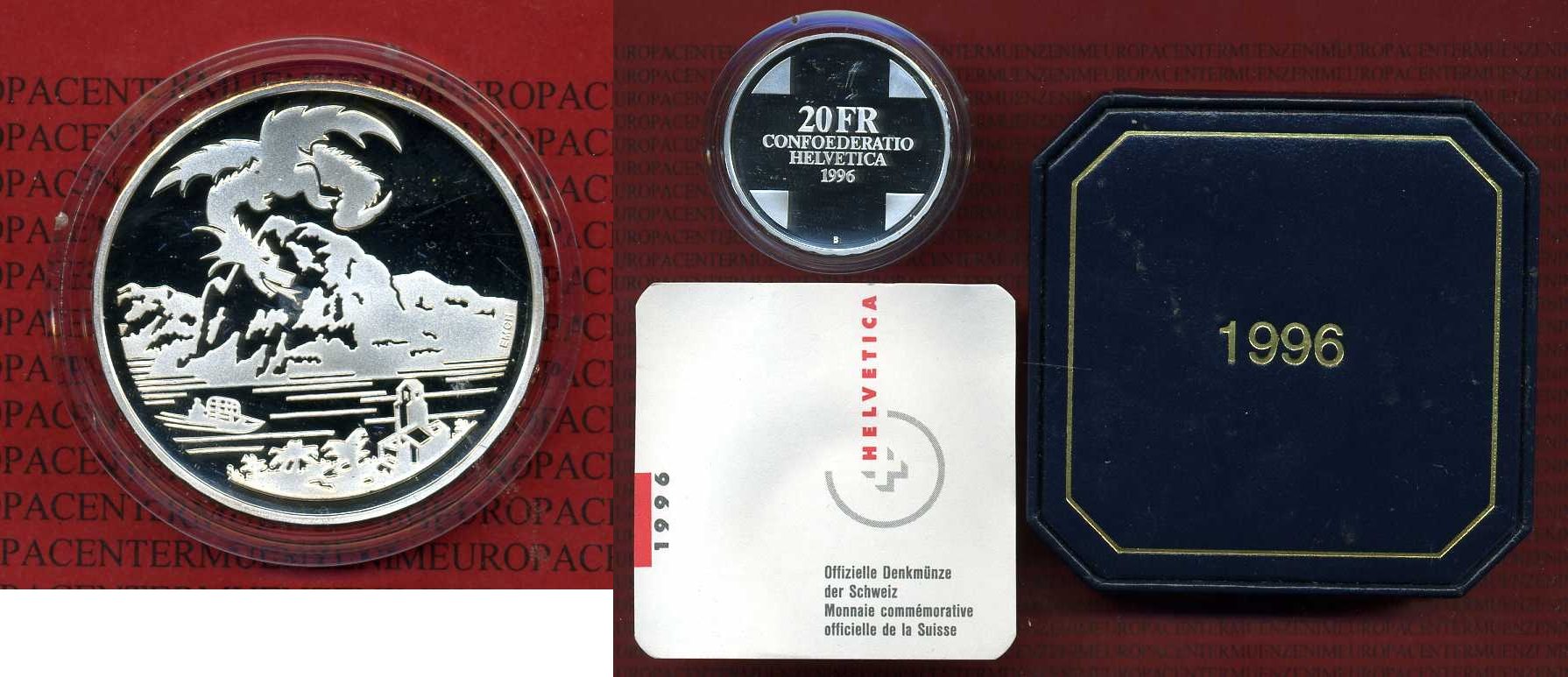 Schweiz 20 Franken Silber PP 1996 Drache von Breno Polierte Platte* mit Box und Zertifikat | MA ...