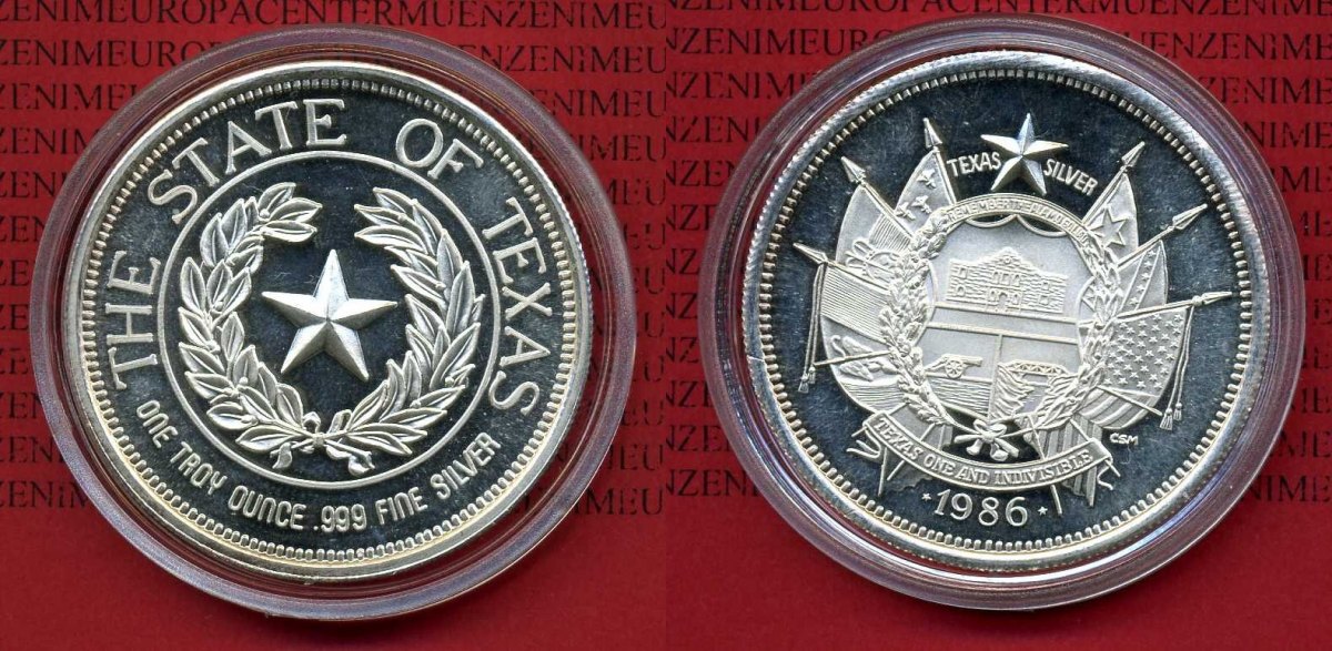 USA, Texas State of Texas 1 Unze Silber 1986, One Troy Ounce .999 Fine ...