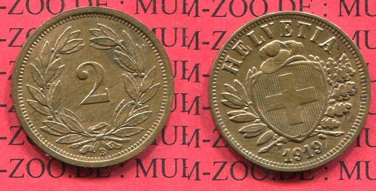 Schweiz, Switzerland 2 Rappen Kursmünze Schweiz 2 Rappen 1919 Kreuz vz-prfr. | MA-Shops