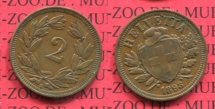 Schweiz, Switzerland 2 Rappen Kursmünze Kupferfarben Schweiz 2 Rappen 1893 Kreuz Kupferfarben vz ...