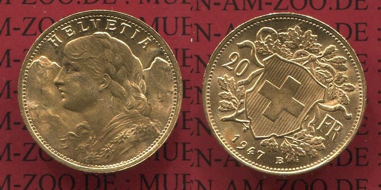 Schweiz, Switzerland 20 Franken Vreneli Gold Schweiz 20 Franken 1947 B ...