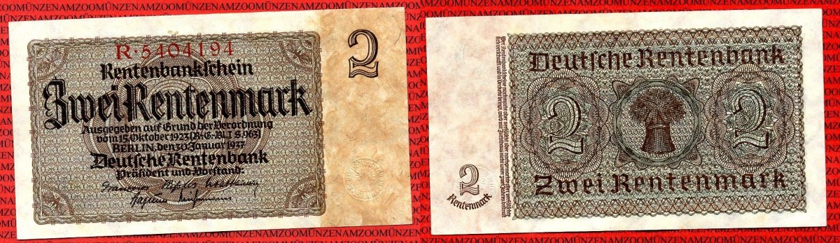Weimarer Republik Rentenbank 30. 1. 1937 2 Rentenmark 30. Januar 1937 7 ...