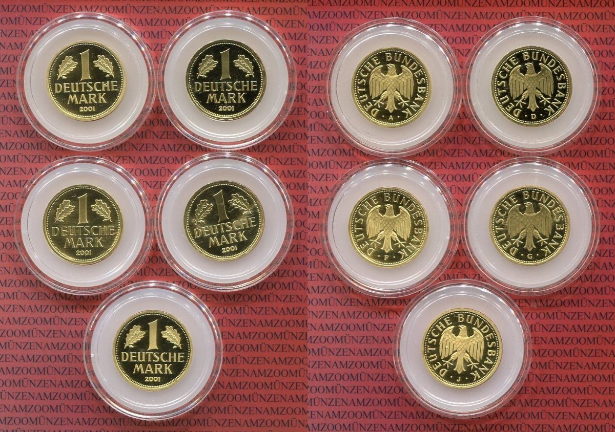 Bundesrepublik Deutschland 1 DM Gold - Mark Satz 5 Stück A-J 2001 A D F ...
