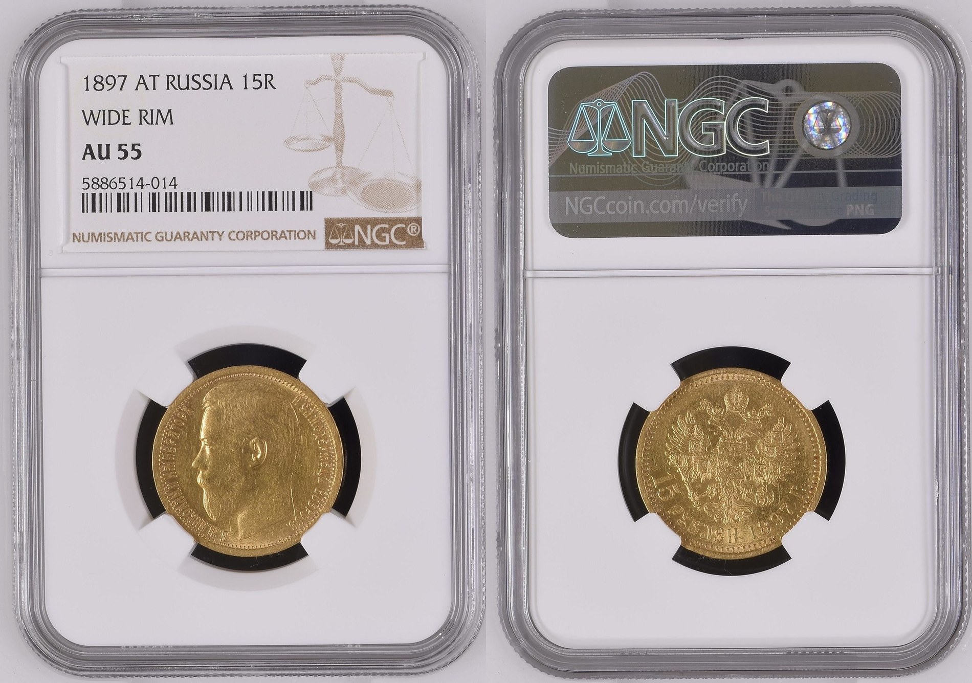 RUSSIA Russland 15 Roubles 1897 AT Nikolaus II Wide Rim NGC AU 55 vz | MA-Shops