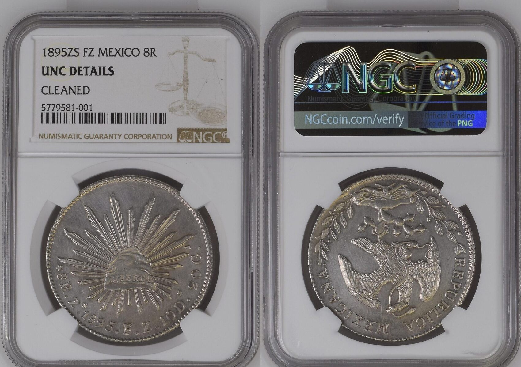 Mexico 8 Reales 1895 ZS FZ Zacatecas NGC UNC Details | MA-Shops